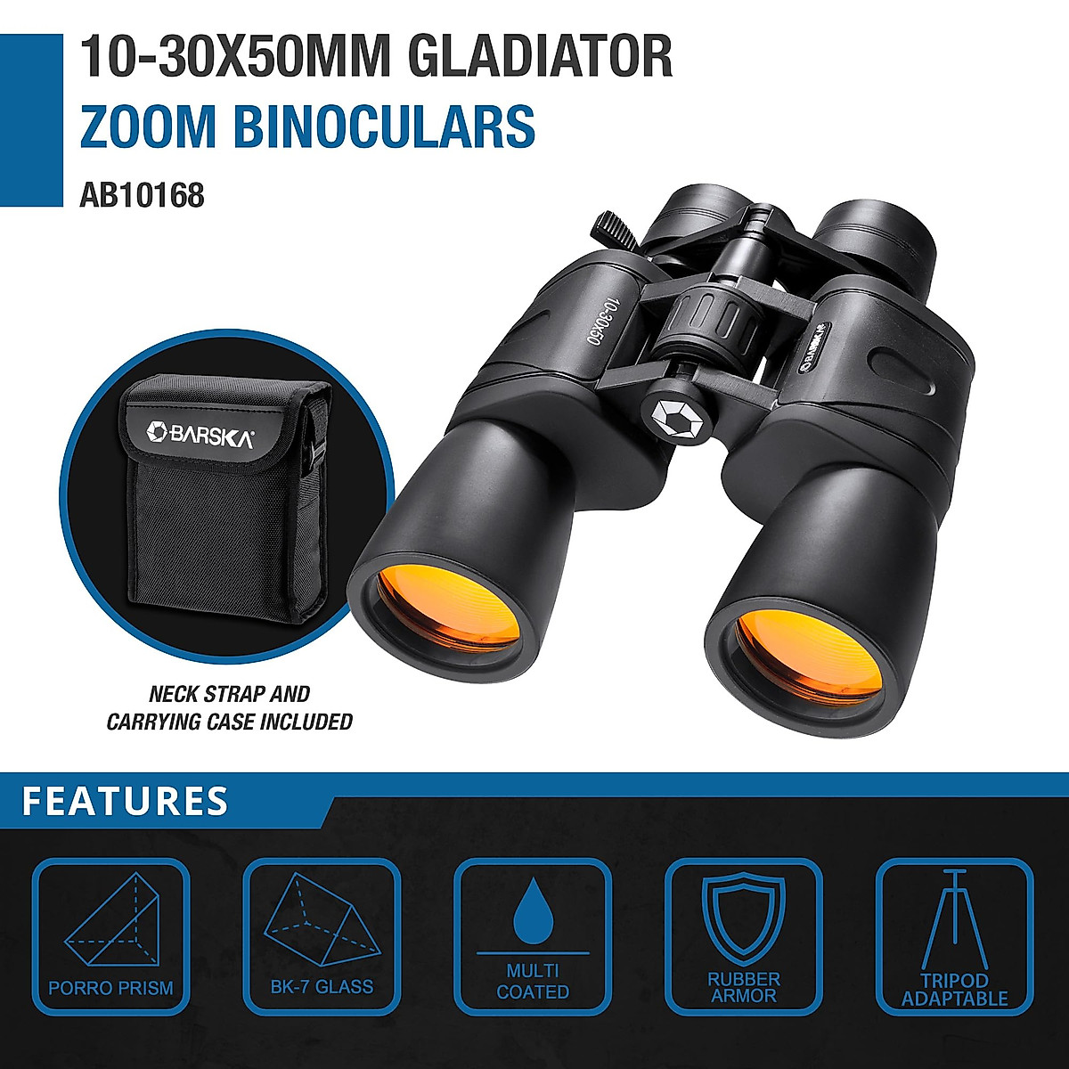 Barska Gladiator 10-30x50 Zoom Binoculars with Tripod Adaptor for Stargazing, Birding, Hiking, Sports, Travelling, Camping