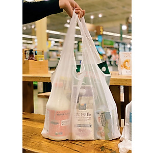 DUAL Purpose Reusable Produce and Grocery Bags, Set of 9 SEE THROUGH Mesh | with Handles | Shopping Bags & Farmers Market Net Bag, Washable | Storage for Food, Fruits, Vegetable and Shopping Organizer