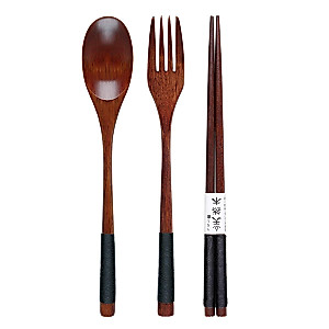 Wooden Chopsticks Spoon Fork Set Japanese Style Tableware Travel Utensils with Pouch for Camping,Picnic,Office or Home (Style A)