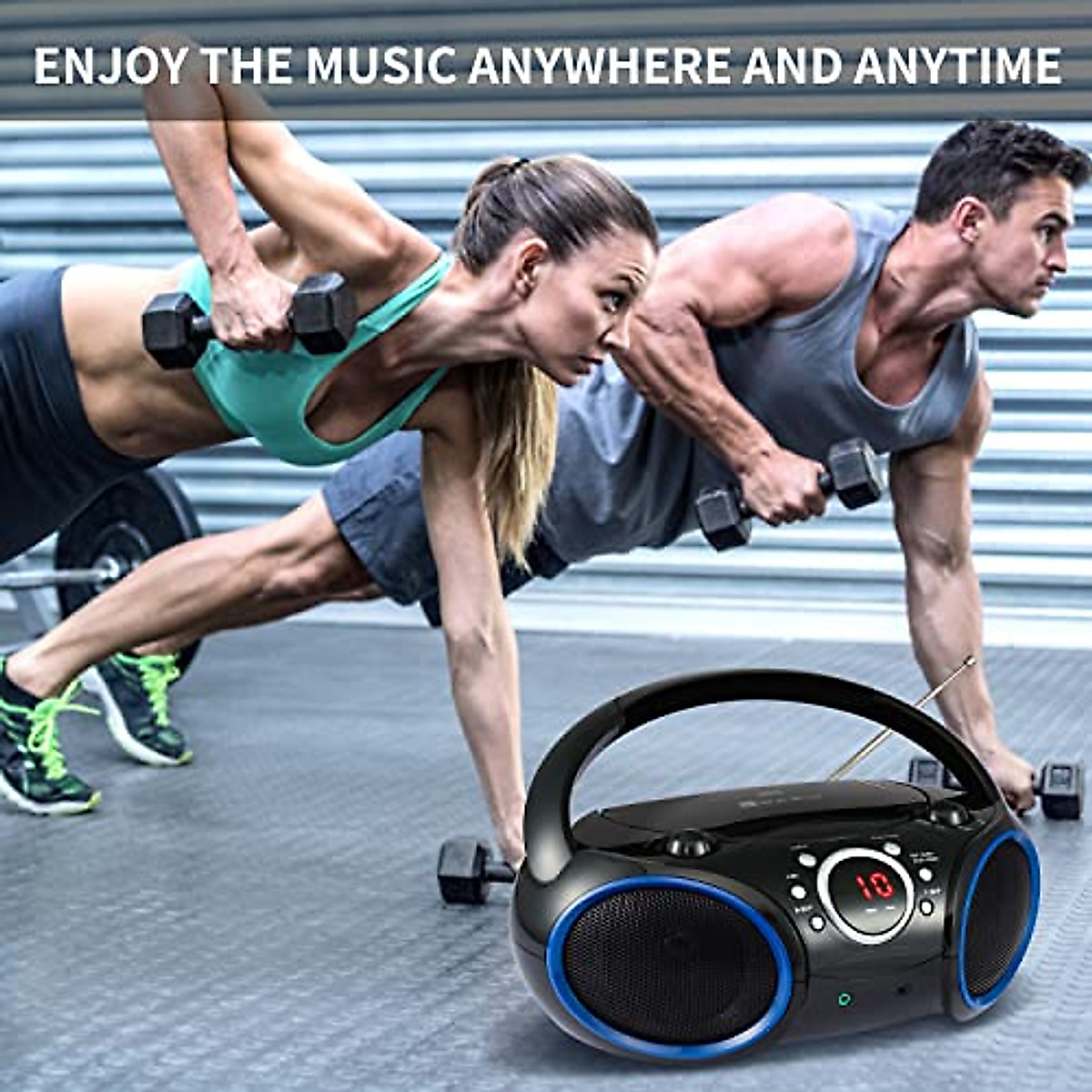 SINGING WOOD 030C Portable CD Player Boombox with AM FM Stereo Radio, Aux Line in, Headphone Jack, Supported AC or Battery Powered (Black with a Touch of Blue Rims)