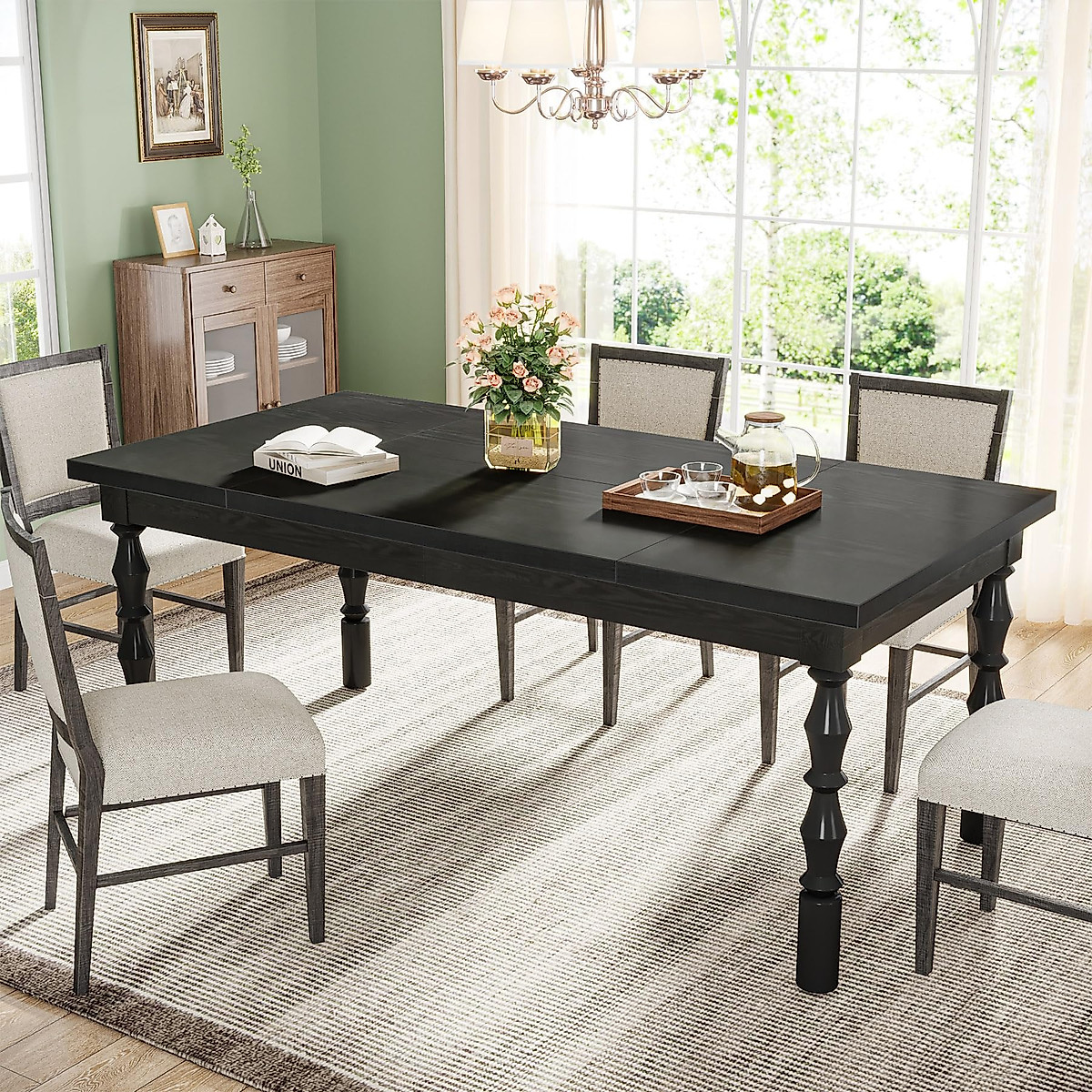 Tribesigns Wood Black Dining Table for 4-6 People, 62” Farmhouse Large Rectangle Kitchen Table, Modern Dinner Table Kitchen & Dining Room Furniture with Carved Turned Legs