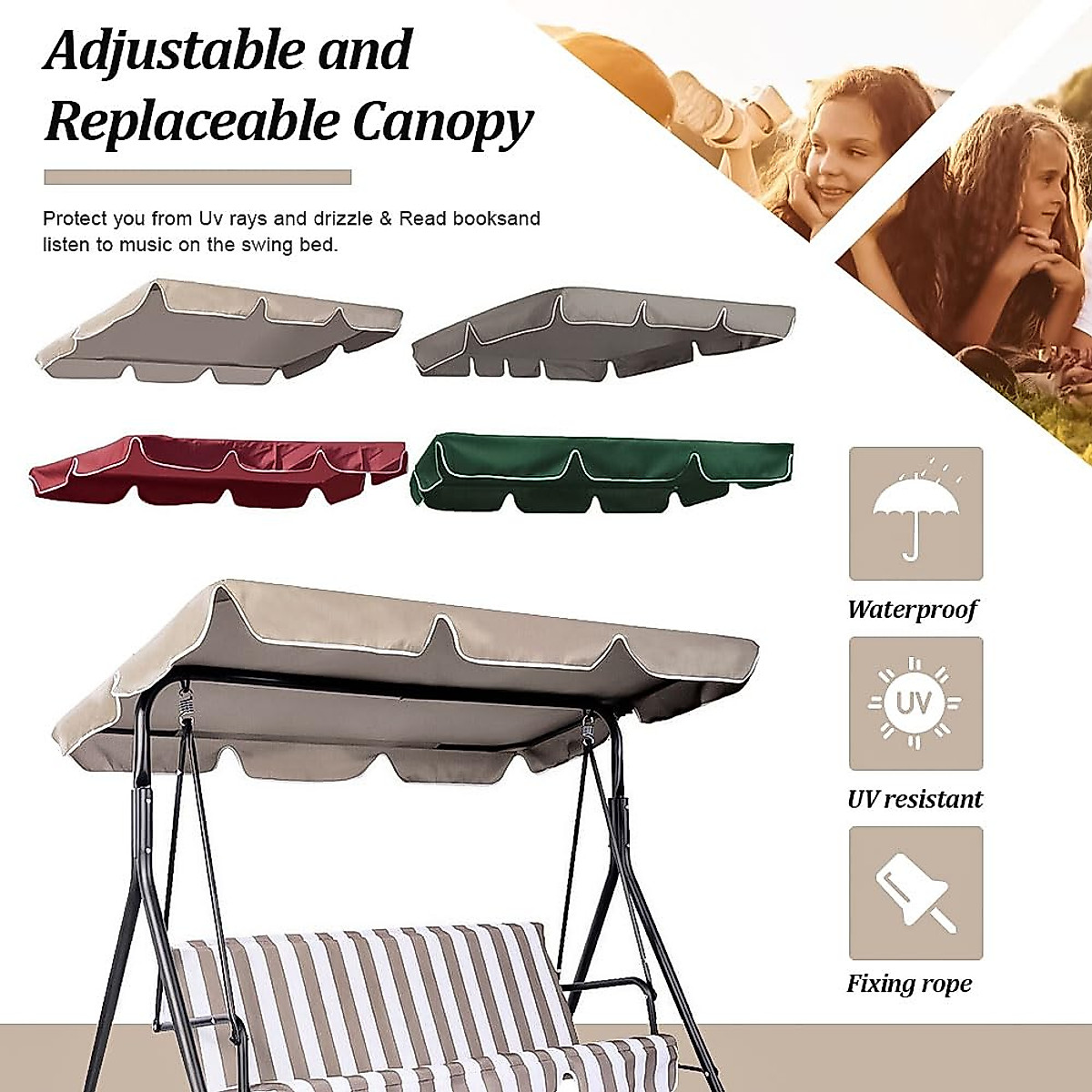 JNTKE Porch Swing Canopy, 66"X 45" Replacement Waterproof Swing Top Cover, 300D 3 Seater Durable Sun Shade Patio Awning for Outdoor Garden Patio Yard Park Porch Seat Furniture, Khaki