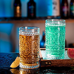 Claplante Vintage Drinking Glasses, 12 pcs Romantic Highball Glasses, 15oz Glass Cups,Tall Water Glass Tumblers, Mojito Cups, Cocktail Glass, Vintage Glassware Set for Juice, Cocktail, Whiskey