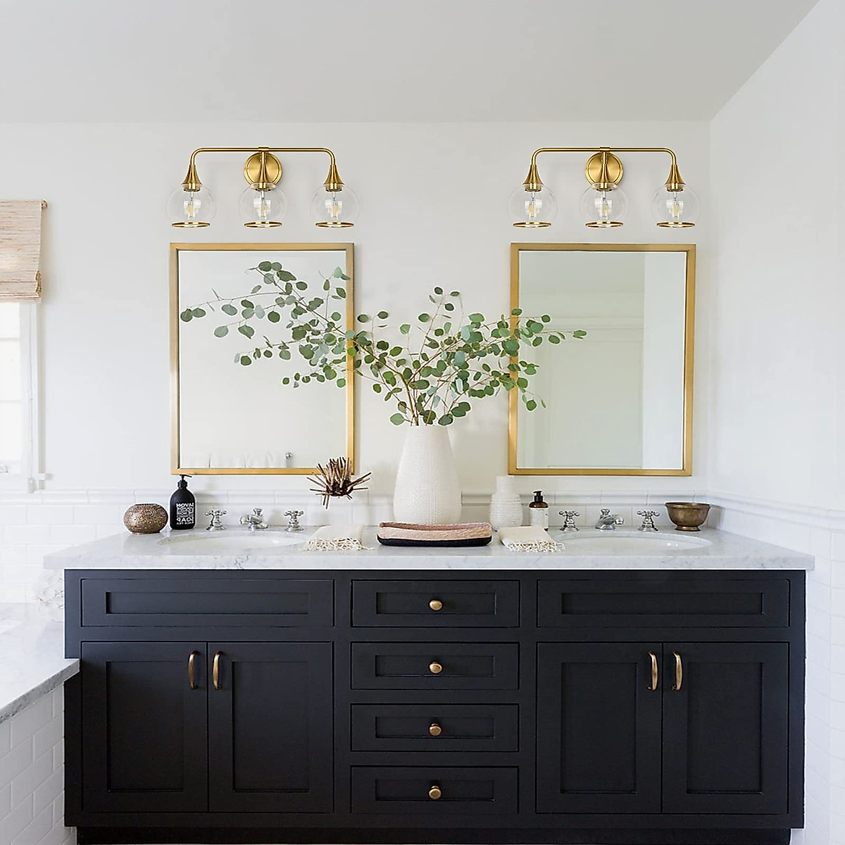 HAHZT Gold Bathroom Vanity Light 3-Lights Bathroom Light Fixtures Over Mirror with Clear Glass Shade 22.4 inch Wall Sconce Lighting Bath(Exclude E26 Bulb)