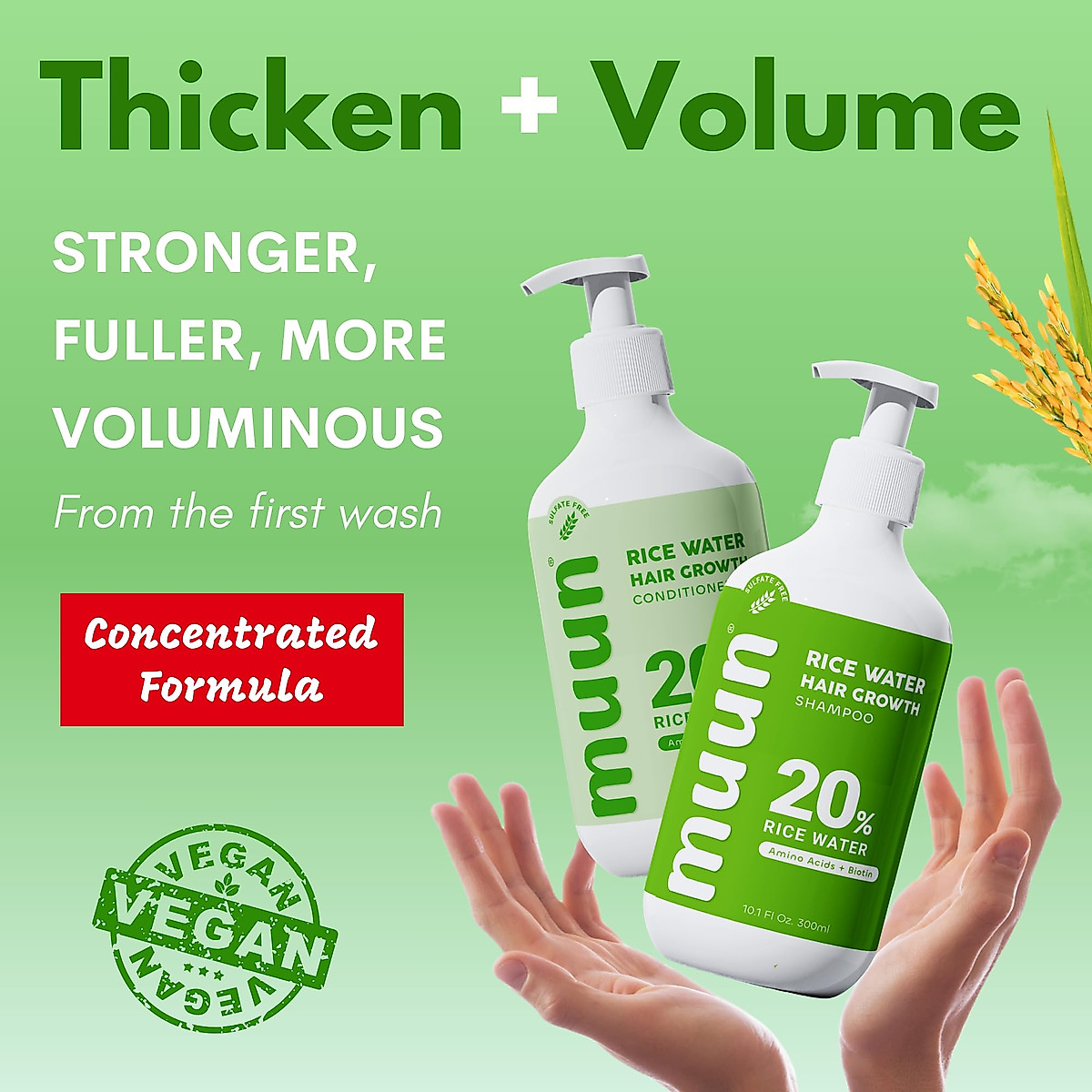 Muun Rice Water Shampoo and Conditioner Set for Hair Growth, Regrowth, Thinning Hair and Anti Hair Loss, Fall with Natural Ingredients including Biotin, Keratin and Caffeine, Men and Women.