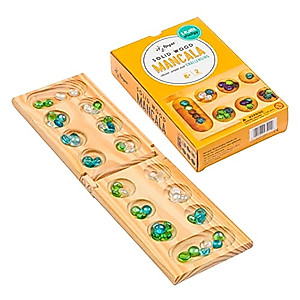 Regal Games - Wooden Mancala Board Game Set - Portable Foldable Wooden Board, 48 Glass Mancala Stones, and Mancala Instructions - for Large Groups, Parties, Travel, Family Events, Adults, and Kids