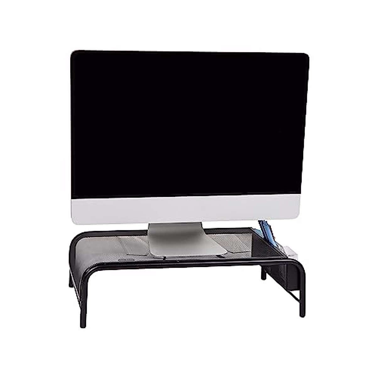 Mind Reader Monitor Stand, Ventilated Laptop Riser, Desktop Organizer, Side Storage, Metal Mesh, 20"L x 11.5"W x 5.5"H, Black