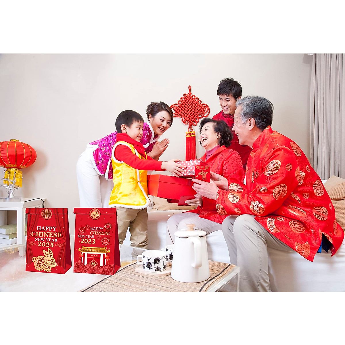 Chinese New Year 2023 Year of the Rabbit Party Goodie Bags 18 Pack, Lunar New Year Red Kraft Paper Candy Bags, Spring Festival Party Favor Treat Box Gift Bags