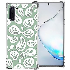 zaztify Phone Case for Samsung Galaxy Note 10 5G/4G, Pastel Green White Funny Trippy Dripping Smile Melted Hippie Smiling Skull Ghost Face Cute Pattern Shockproof Protective Soft Clear Cover Shell