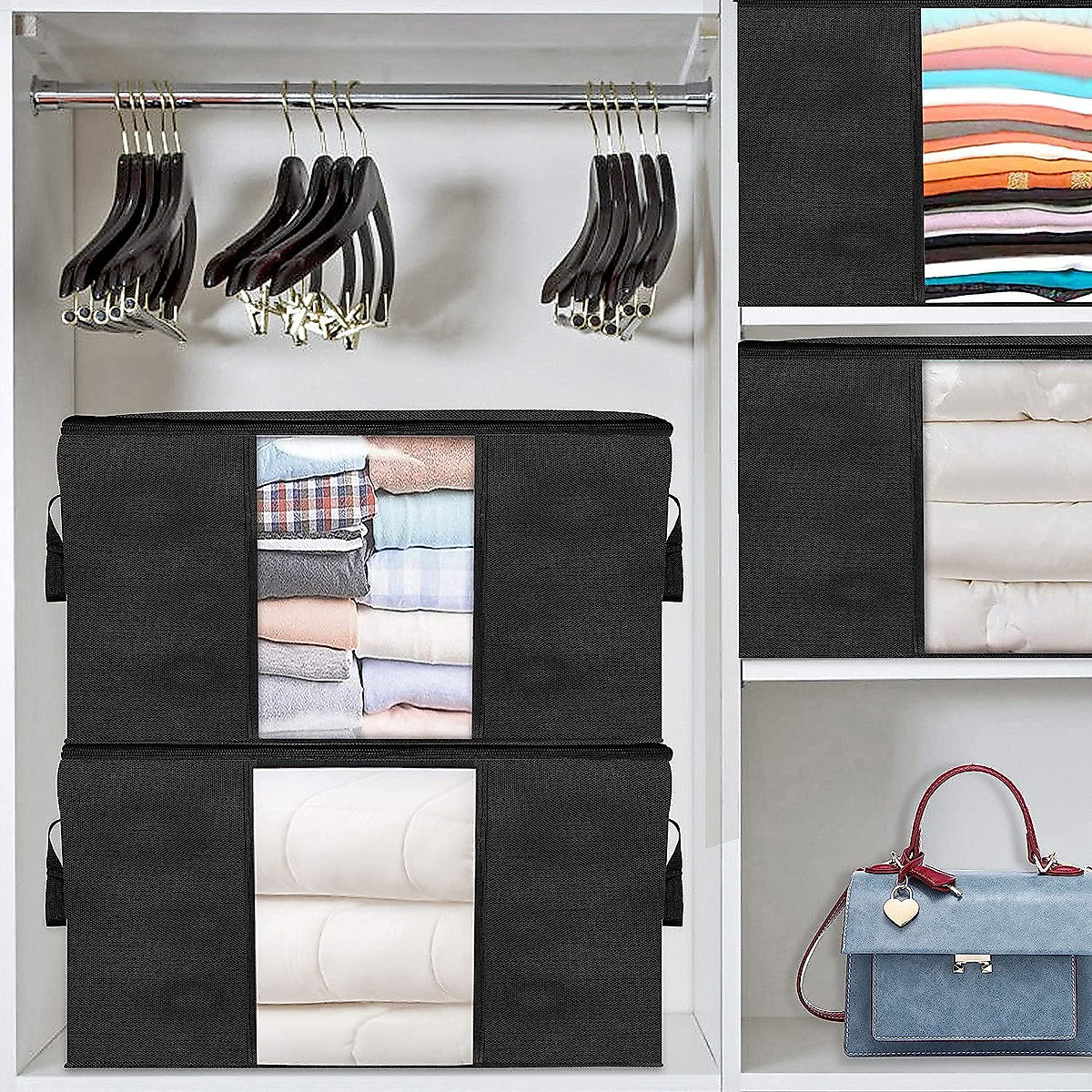 Txtsegose 3 Pack Clothes Storage Bag,Large Capacity Organizer with Reinforced Handle Thick Fabric for Comforters, Blankets, Bedding, Foldable with Sturdy Zipper, Clear Window, Black