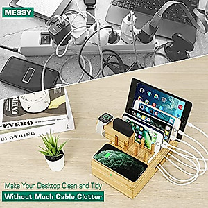 Bamboo Charging Station for Multiple Devices - Darfoo Docking Station Organizer, 1 Qi-Certified Fast Wireless Charger, and 7 USB Charging Ports Compatible with Cellphone, Smart Watch, Earbuds, Tablet