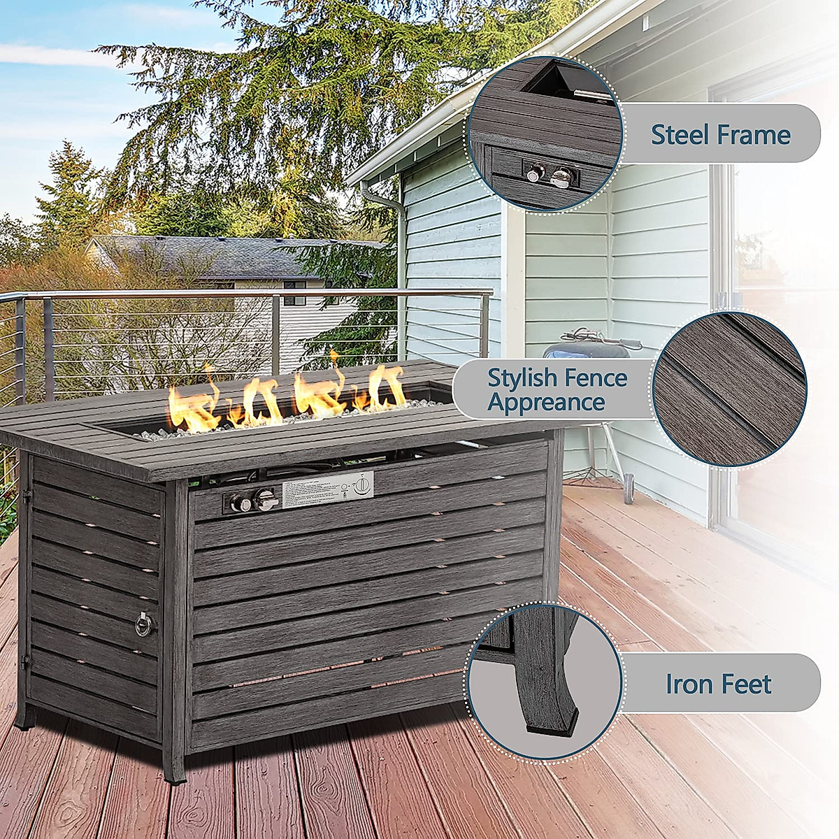 HOMPUS Outdoor Propane Fire Pit, 46-inch x 25-inch Rectangle 40,000 BTU Auto-Ignition Propane Fire Pit Table w White fire Glass and Rain Cover for Outside Leisure Party