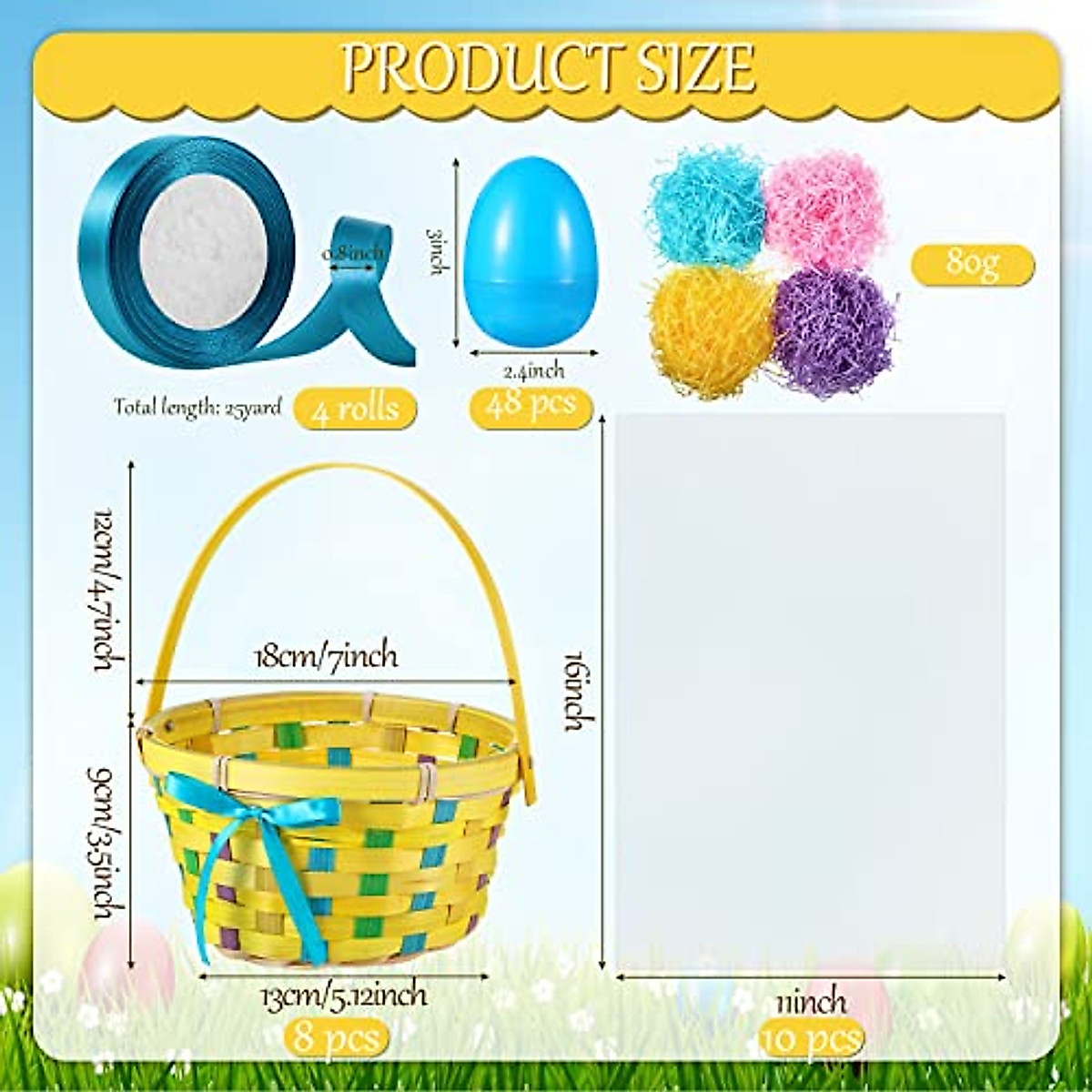 Easter Woven Bamboo Basket with Handles Sets Include Easter Round Basket, Grass Shred, Plastic Fillable Easter Eggs, Colorful Satin Ribbon, Clear Plastic Bag for Easter Party Supplies (8 Pack)