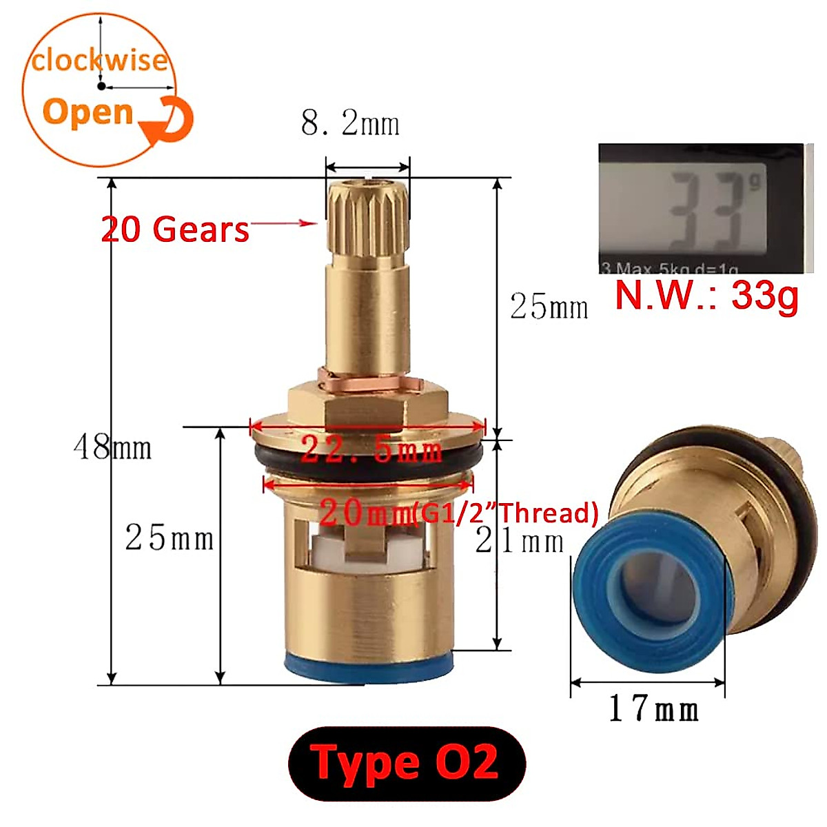 Brass Ceramic Cartridge, G1/2" Tap Ceramic Stem Cartridges Replacement for Hot Cold Water Faucet Spool Valve (Type O2- H48mm)