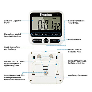 Empino Digital Kitchen Timer, Cooking Timer, 12-Hour Display Clock, Large Display, Strong Magnet Back, Loud Alarm, Memory Function, Count-Up & Count Down for Cooking Baking Sports Game Office Exercise