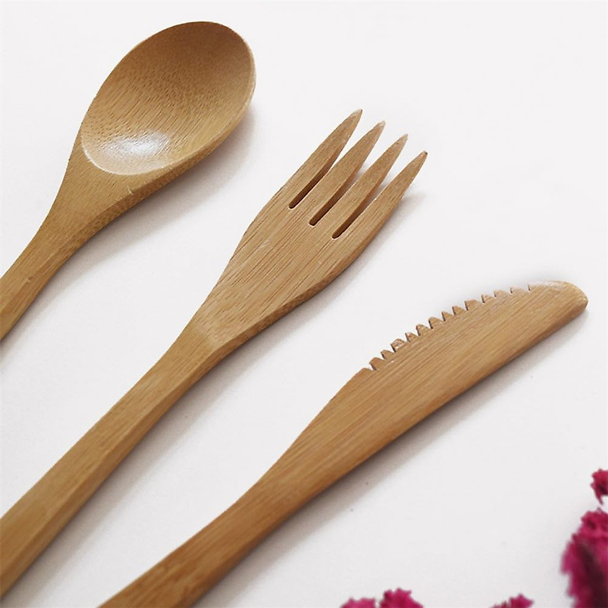 DOACT Bamboo Spoon Flatware, Easy to Clean Bamboo Cutlery Set Cloth Bag for Kitchen (b)