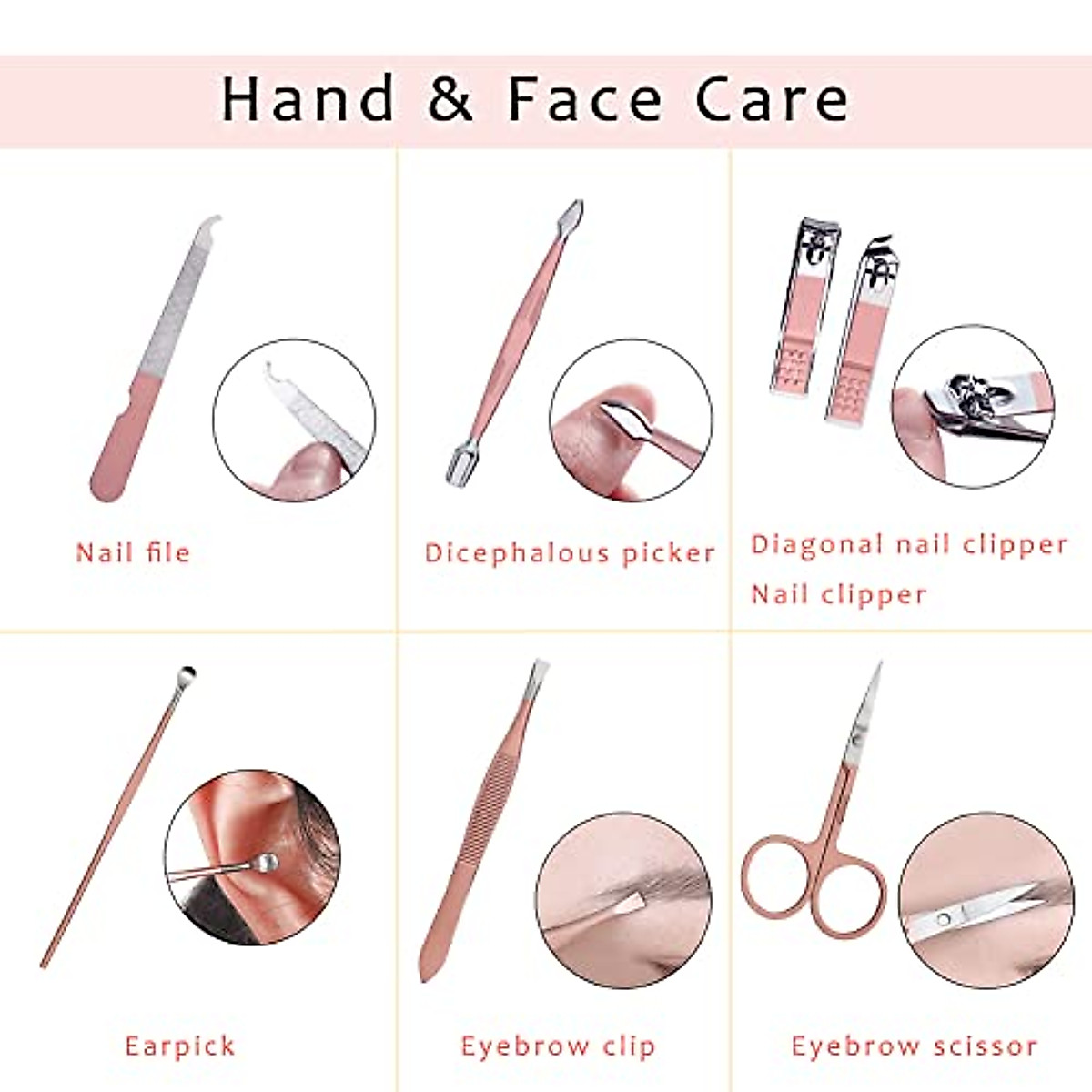 Pink Manicure Set Beauty Tool Portable - Nail Clipper Pedicure Grooming Kit Stainless Steel 7 in 1 Luxury Leather Travel Case, for Woman Girl Home Travel Gift Giving