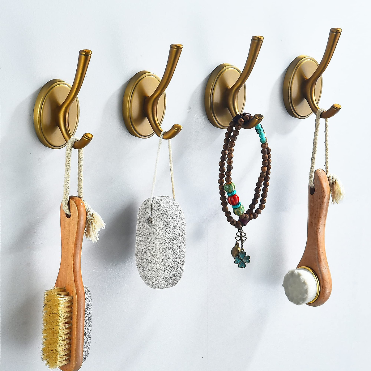 DMYMAT Antique Brass Towel Hooks, Vintage Gold Bathroom Robe Hooks Wall Mounted, 4 Pack Heavy Duty Wall Coat Hooks for Farmhouse Bedroom Kitchen