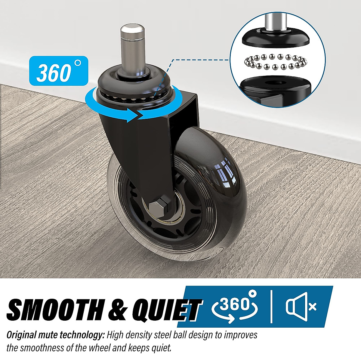 WEWILL Rollerblade Office Chair Wheels Replacement 99% Universal Fit Chair Casters(Set of 5) Heavy Duty Rubber Casters 3 INCH Smoothly & Quietly Safe for All Floor, Hardwood, Tile, Carpet