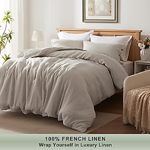 TOSMO 100% Linen Duvet Cover Set with Button Closure, 3 Pieces (1 Duvet Cover with 2 Pillowcases), Soft Breathable Durable Farmhouse Bedding - Queen, Natural Linen