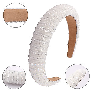 Wecoe White Headband Rhinestone Headband Women Fashion Fancy Bling Sparkle Crystal Beaded Headband Diamond Padded Headband Cute Hair Bands Birthday Wedding Holiday Hair Accessories For Women Girls