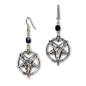 Baphomet Satanic Goat Head Inverted Pentagram Silver Finish Dangle Earrings