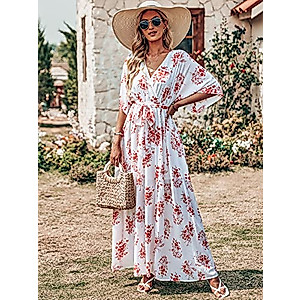 ANRABESS Women Kimono Summer Side Split Wrap V Neck Short Sleeves Maxi Dress Floral Print Beach Dress with Belt 487honghuacao-XL