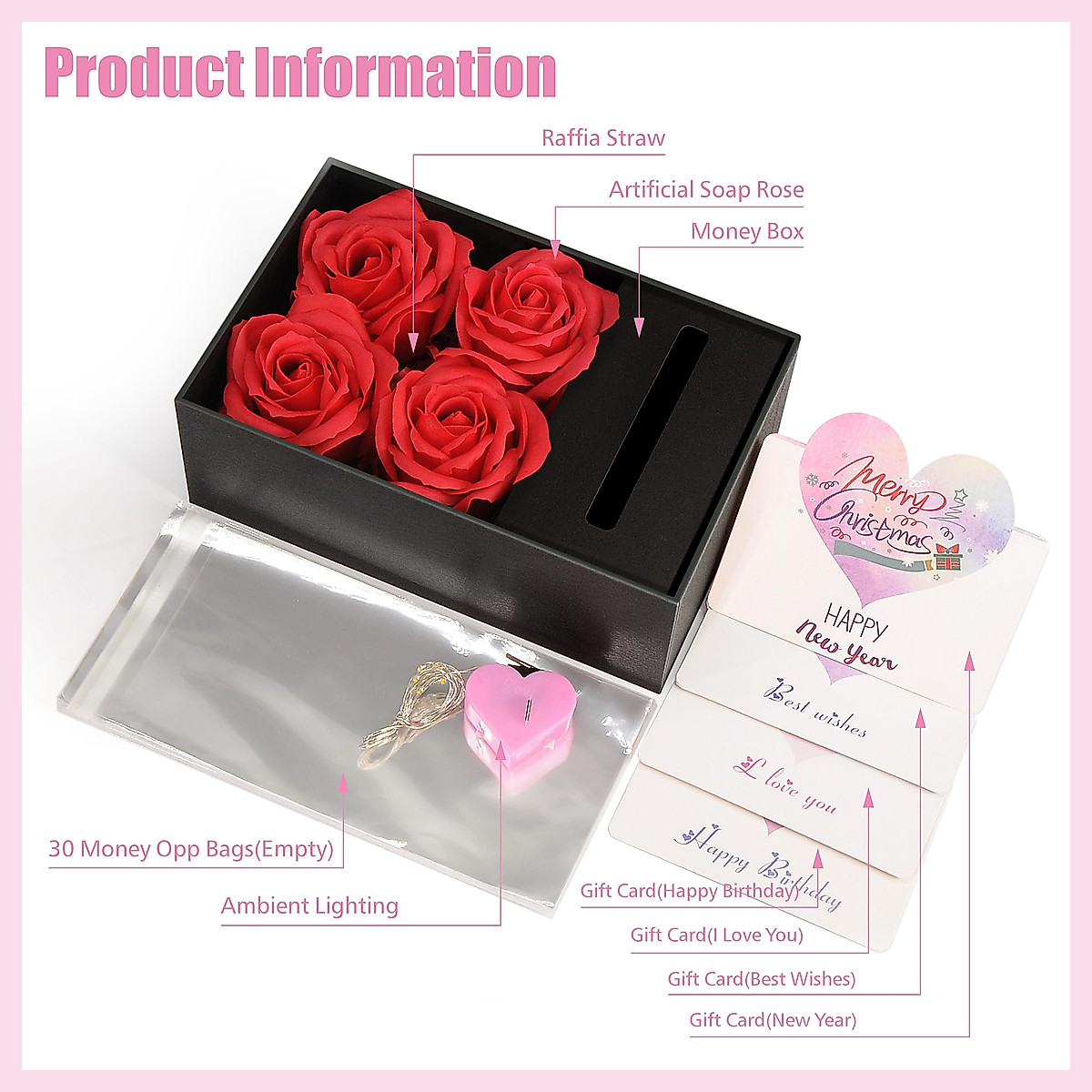 Money Box for Cash Gift Pull, Money Gift Boxes for Cash on Birthday, Christmas, Graduation, Mother's Day, for Husband, Wife, Girlfriend, Mother With Soap Rose Flower and Greeting Cards (Black+Red)