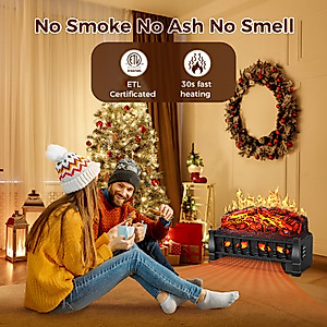 Joy Pebble Electric Fireplace Insert Log Heater 21",750W/1500W Adjustable 5 Flame Brightness&Speed, Fireplace Insert with Realistic Ember Bed&Traditional Brown Log,Overheat Protection&Remote Control