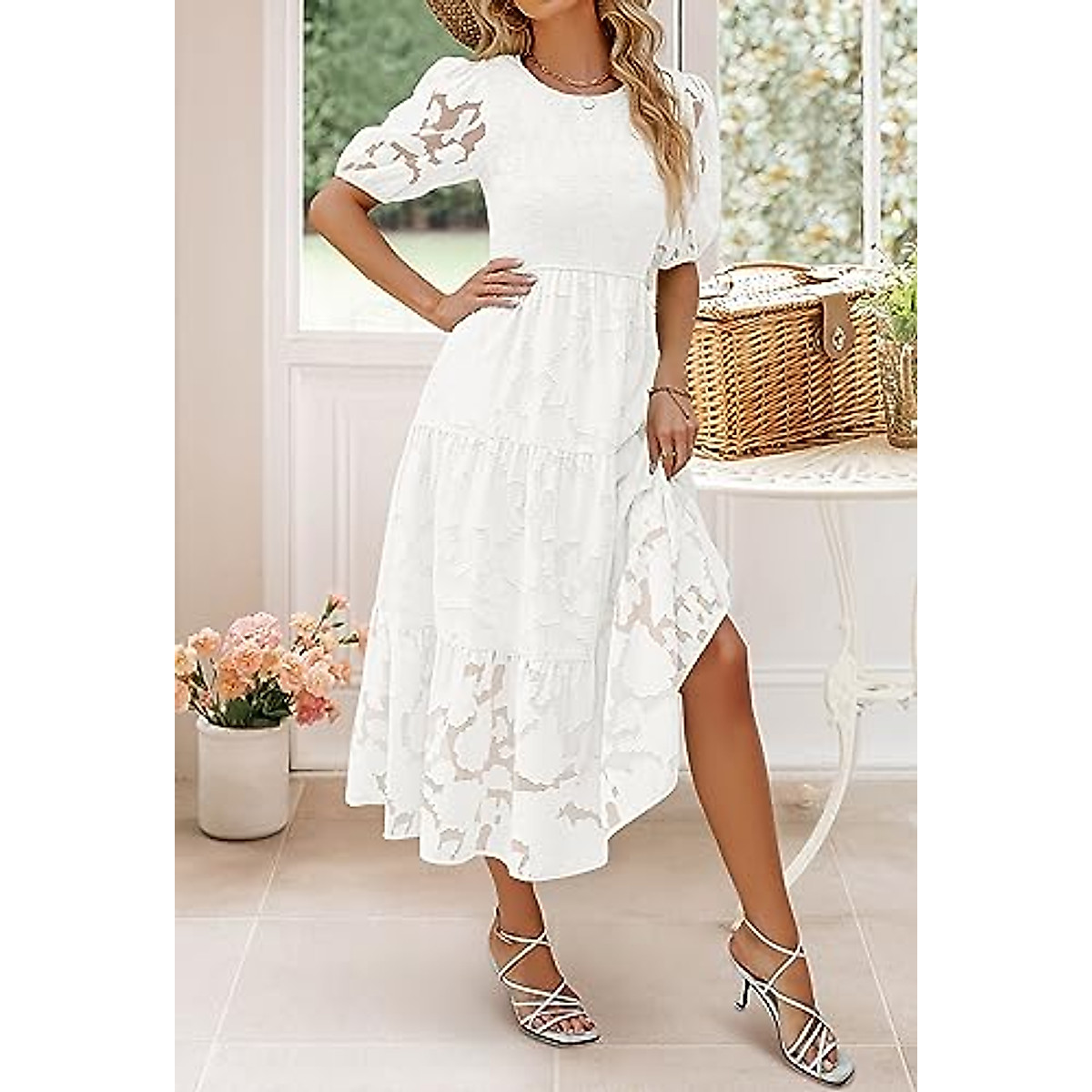 ZESICA Women's 2023 Summer Short Puff Sleeve Crewneck Smocked Floral Lace Flowy A Line Tiered Midi Dresses,White,Medium
