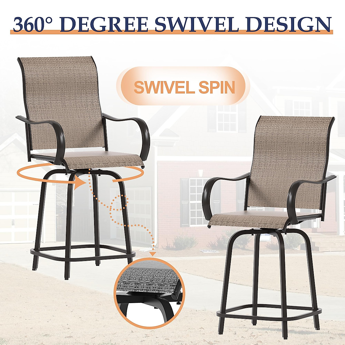 UDPATIO Patio Swivel Bar Stools Chair of 2, Outdoor Bar Height Set, All Weather High Back and Armrest Patio Stools & Bar Chairs for Backyard, Lawn Garden, Balcony and Pool, Brown