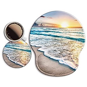 Ergonomic Mouse Pad with Wrist Support Rest,[ 20% Larger] Mousepad Gel Wrist Rest , with Coaster Non-Slip & Pain Relief for Computer, Desk, Home&Office-Beach