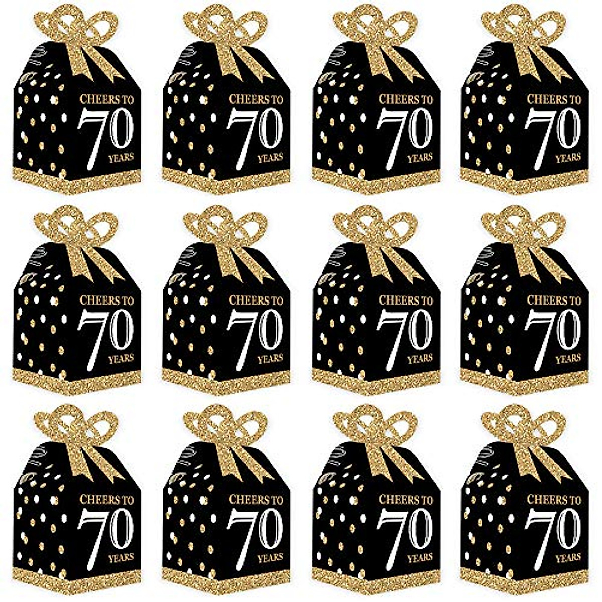 Big Dot of Happiness Adult 70th Birthday - Gold - Square Favor Gift Boxes - Birthday Party Bow Boxes - Set of 12