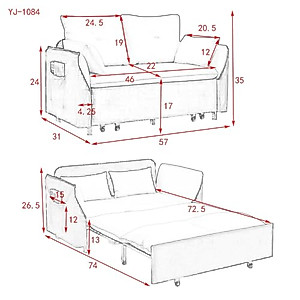 ADUH 57" Convertible Sofa Bed with 2 Detachable Arm Pockets, Velvet Loveseat Multi-Position Adjustable Sofa