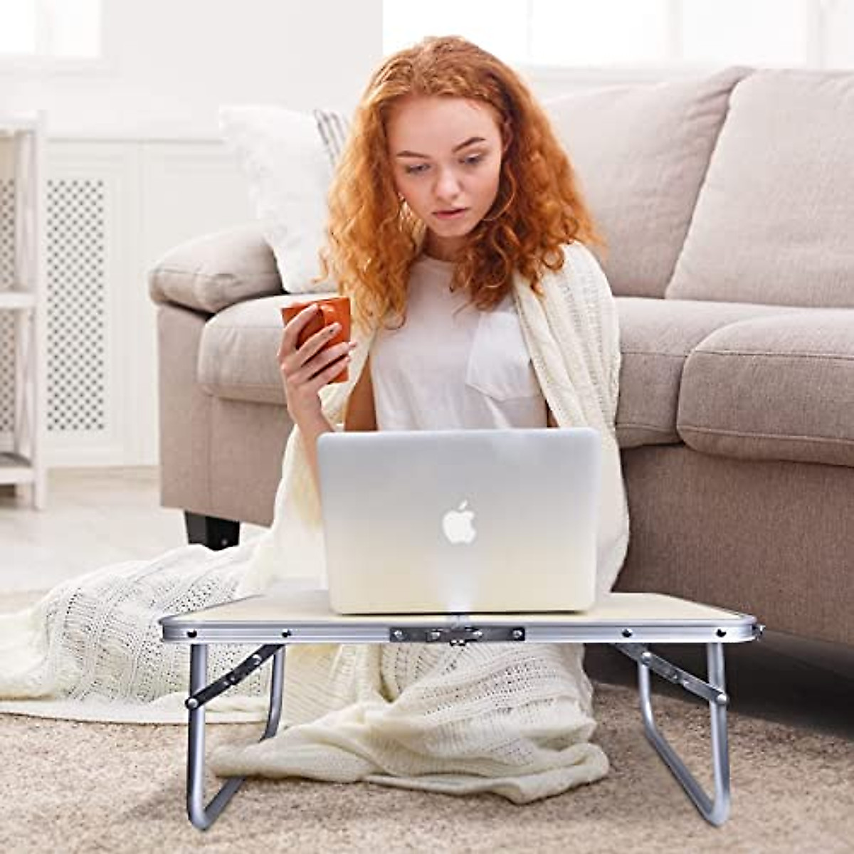 Foldable Laptop and Bed Table with Storage, Portable Mini Lap Desk for Legs, Ideal for Study, Reading, Picnic, Breakfast,and More (Wooden)