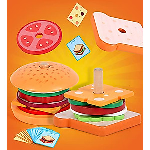 MIKNEKE Wooden Sandwich Sorting & Stacking Toys for Toddlers, Montessori Toys for 3 Year Old, Preschool Educational Toys to Develop Fine Motor Skills (Sandwich)
