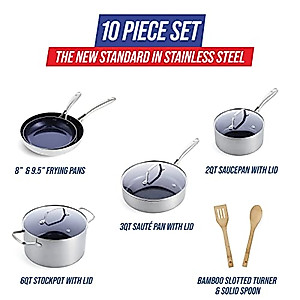 Blue Diamond HD Stainless Steel Clad Pro 10 Piece Cookware Pots and Pans Set, Diamond Infused Ceramic Nonstick, PFAS-Free, Dishwasher Safe, Oven and Broiler Safe, Silver