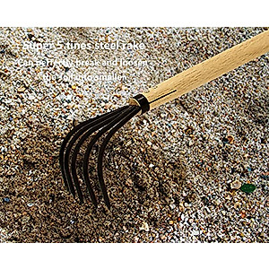 XFJTECH 15'' Garden Rake Cultivator 5 Tines Claw Soil Tiller Military Grade Steel Japanese Ninja Claw with Ergonomic Wooden Handle for Perfect Pulverized and Aerated Soil and Combing Leaves Weeding