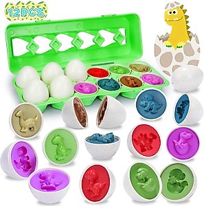 Toddler Toys Age 1-2 Boy Girl 12 Pcs Easter Eggs Dinosaur Matching Eggs Toys for Kids Color Recognition Montessori Learning Toys for 1 2 3 Year Old Boys Girls Easter Basket Stuffers for Toddlers Baby