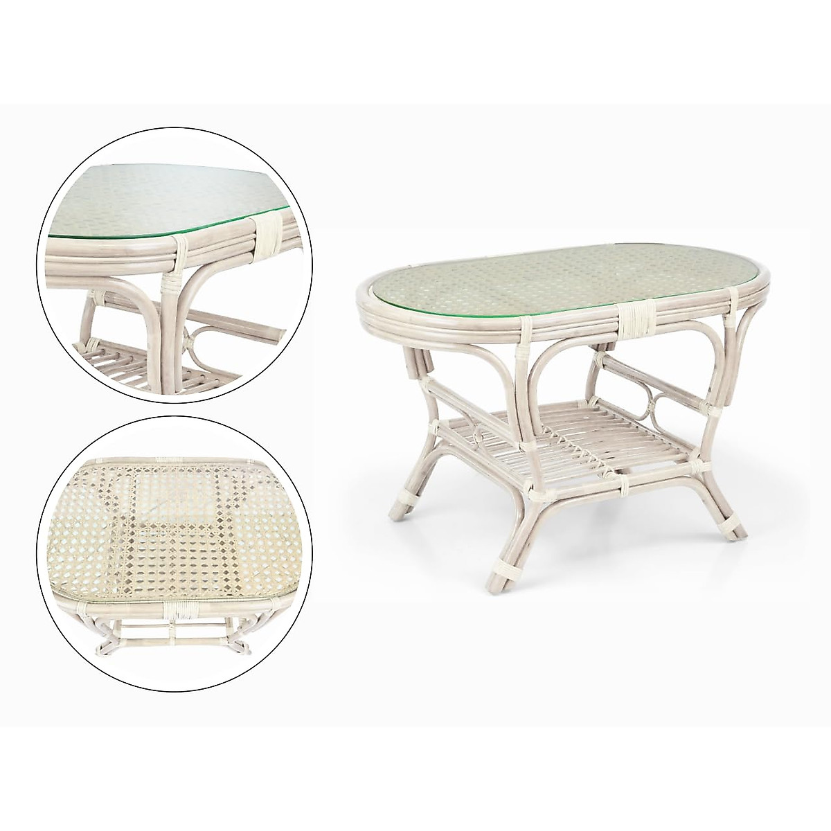 Malibu Lounge Set of 4: 2 Natural Rattan Wicker Chairs, Loveseat with Light Brown Cushions and Coffee Table w/Glass Handmade, White Wash