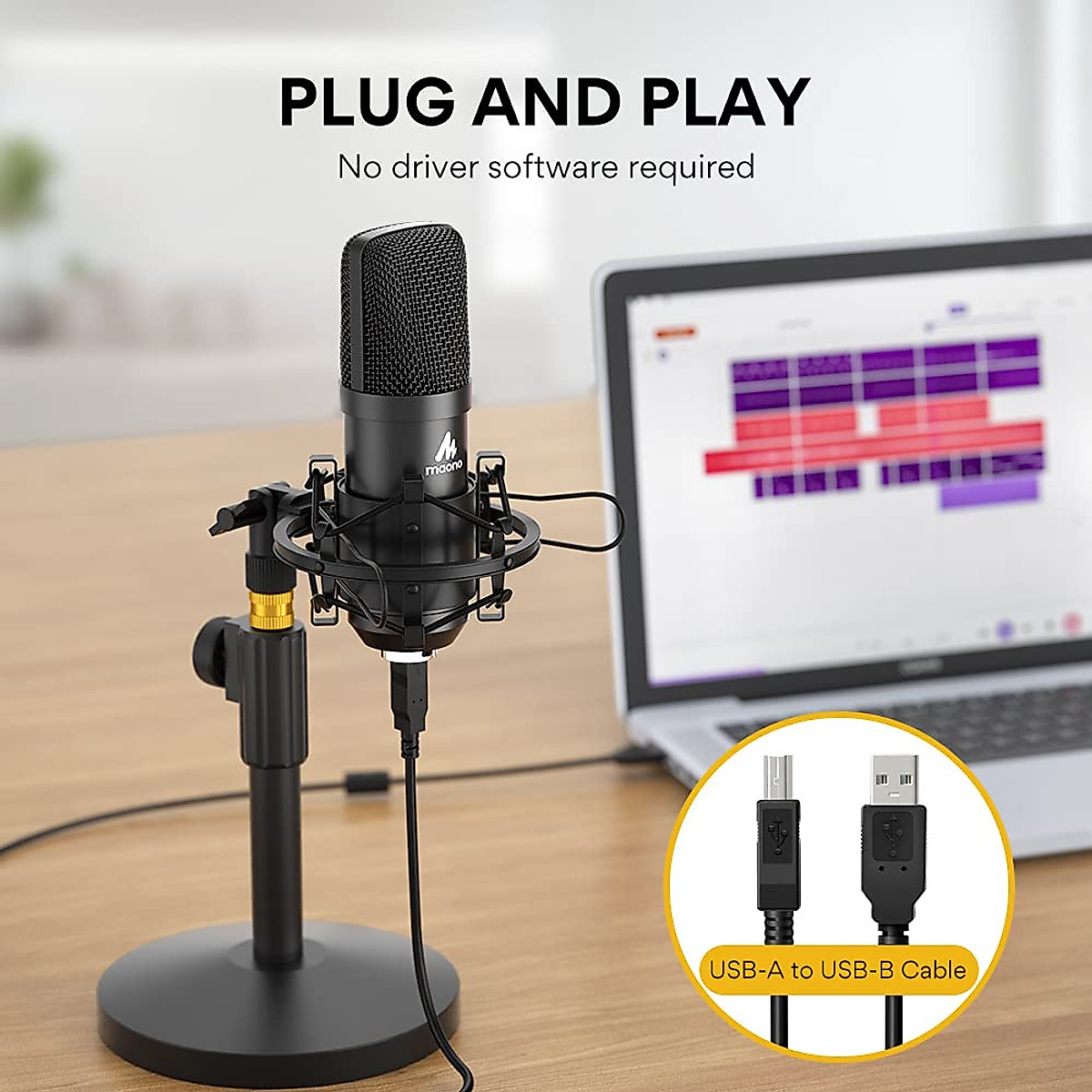 MAONO AU-A04T USB Microphone with AU-MH601 Studio Monitor Headphones Bundle Streaming Podcasting Pack Plug and Play for Computer, YouTube, Music