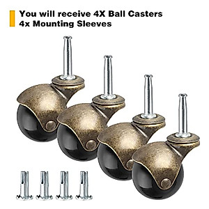 2" Ball Caster Wheels, casters Set of 4 Brass Vintage Antique casters 5/16" x 1 1/2" (8 x 38mm) Wheels Pole with Sleeve for Furniture, Chairs, Cabinets, （casters Set of 4 Heavy Duty）