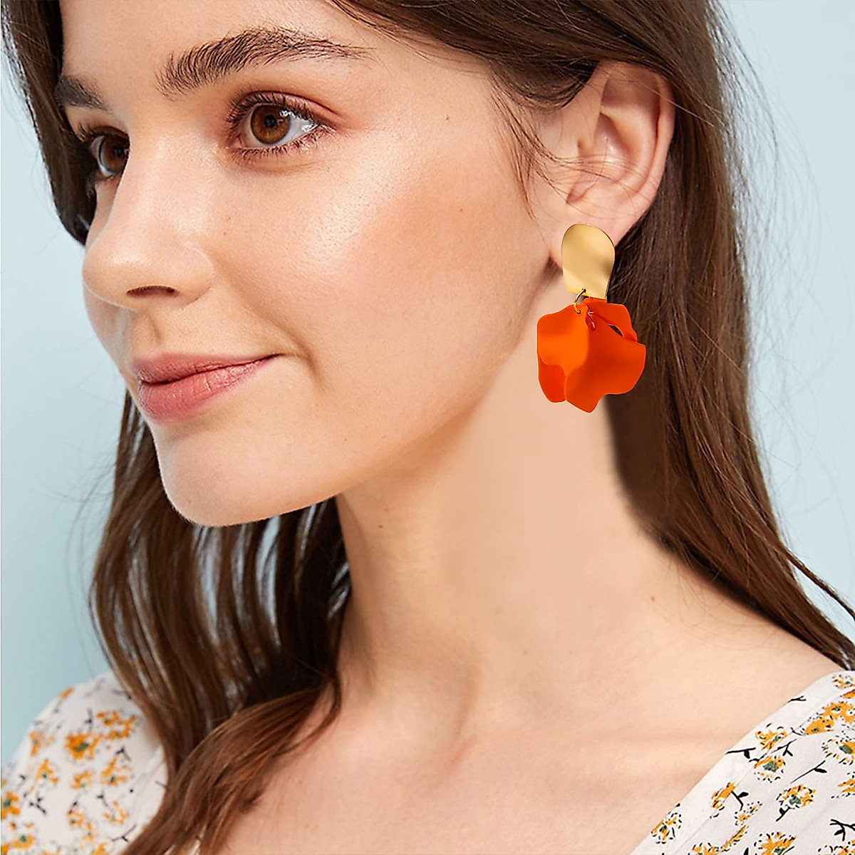 GUOXIAOMEI Chic Elegant Boho Red Rose Petal Dangle Resin Earrings Drop Acrylic Tiered Matte Flower Earrings Statement Exaggerated Floral Tassel Earrings for Women (Orange)