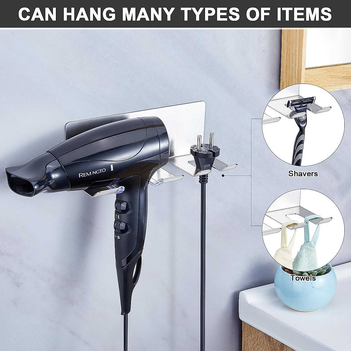YAYINLI Hair Dryer Holder - Hair Tool Storage Organizer Wall Mount, Stainless Steel Hair Blow Dryer Holder Organizer, Hot Tools Holder, Adhesive Hairdryer Holder Bathroom, Silver Hair Dryer Hanger