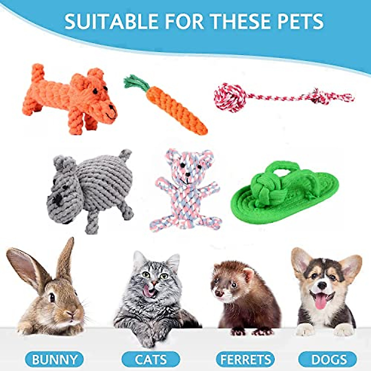 HAICHEN TEC 6 Pack Ferret Rope Chew Toys Durable Knotted Rope Tug Perfect for Teething Mammals, Cotton Rope Toys Interactive Dog Rope Toy Set Machine-Washable (6 Pack)