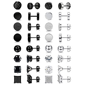 LOYALLOOK Stainless Steel Black Stud Earrings Silver Cubic Ziconia Stud Earrings Sets Tunnel Earring Ball Studs for Women Men 16 Pairs 6MM