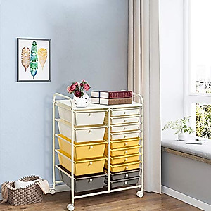 KOTEK 15-Drawer Rolling Storage Cart, Multipurpose Mobile Utility Cart with 4 Wheels, Home Office School Tools Scrapbook Paper Organizer (Yellow)