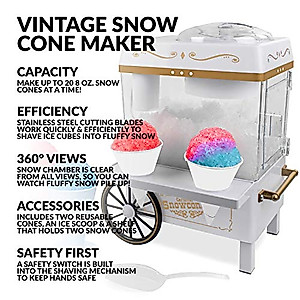 Nostalgia SCM525WH Vintage Countertop Snow Cone Maker Makes 20 Icy Treats, Includes 2 Reusable Plastic Cups & Ice Scoop – Ice White, 8 Oz