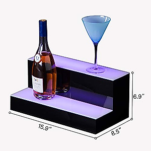 SUNCOO LED Lighted Liquor Bottle Display 16 Inch 2 Step Illuminated Bar Bottle Shelf 2 Tier Cimmercial Home Bar Bottle Display Drinks Lighting Shelves Home Bar Lighting with Remote Control
