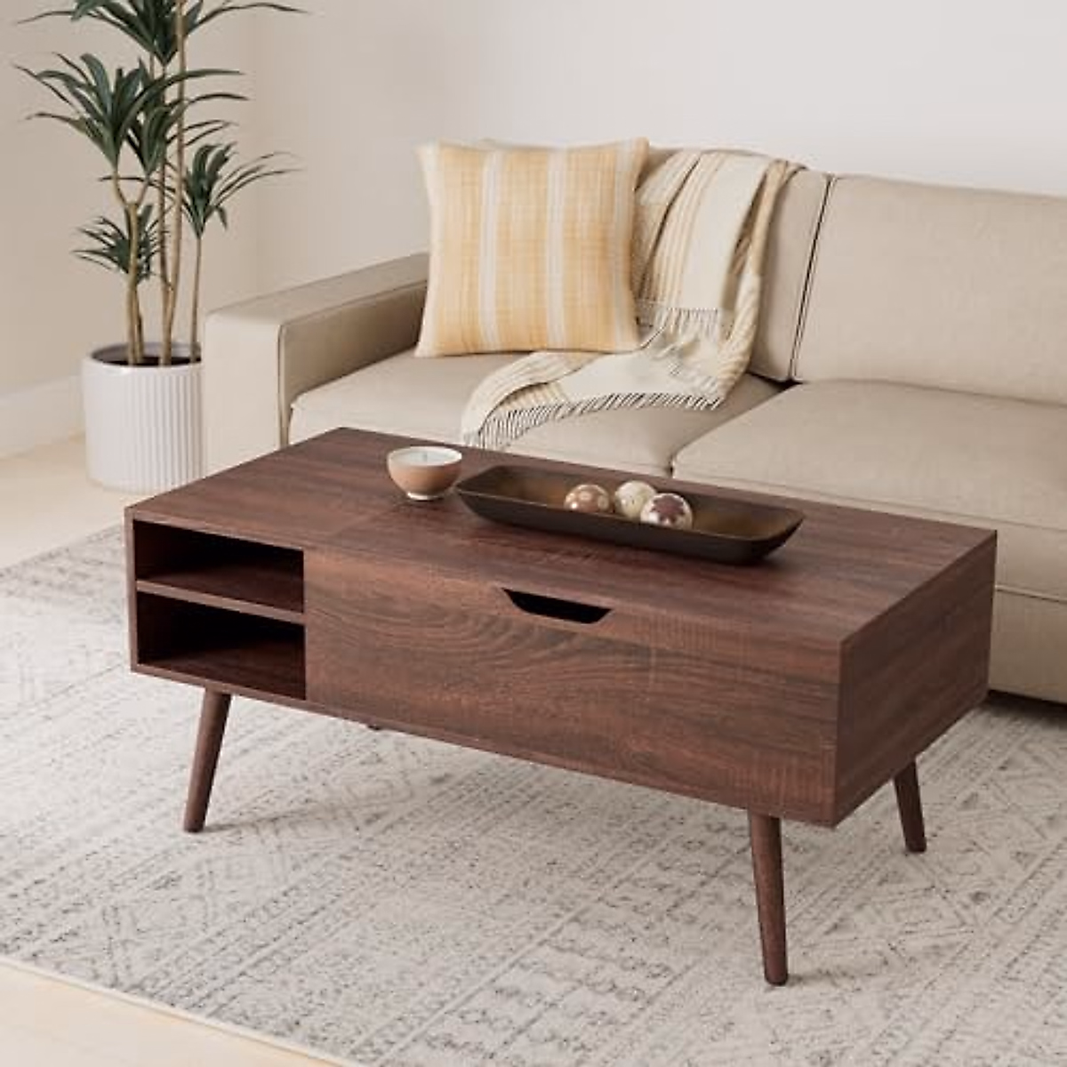 Best Choice Products Lift Top Coffee Table, Wooden Mid-Century Modern Multifunctional Accent Table for Living Room w/Hidden Storage, 2 Cubbies, Removable Shelf - Walnut